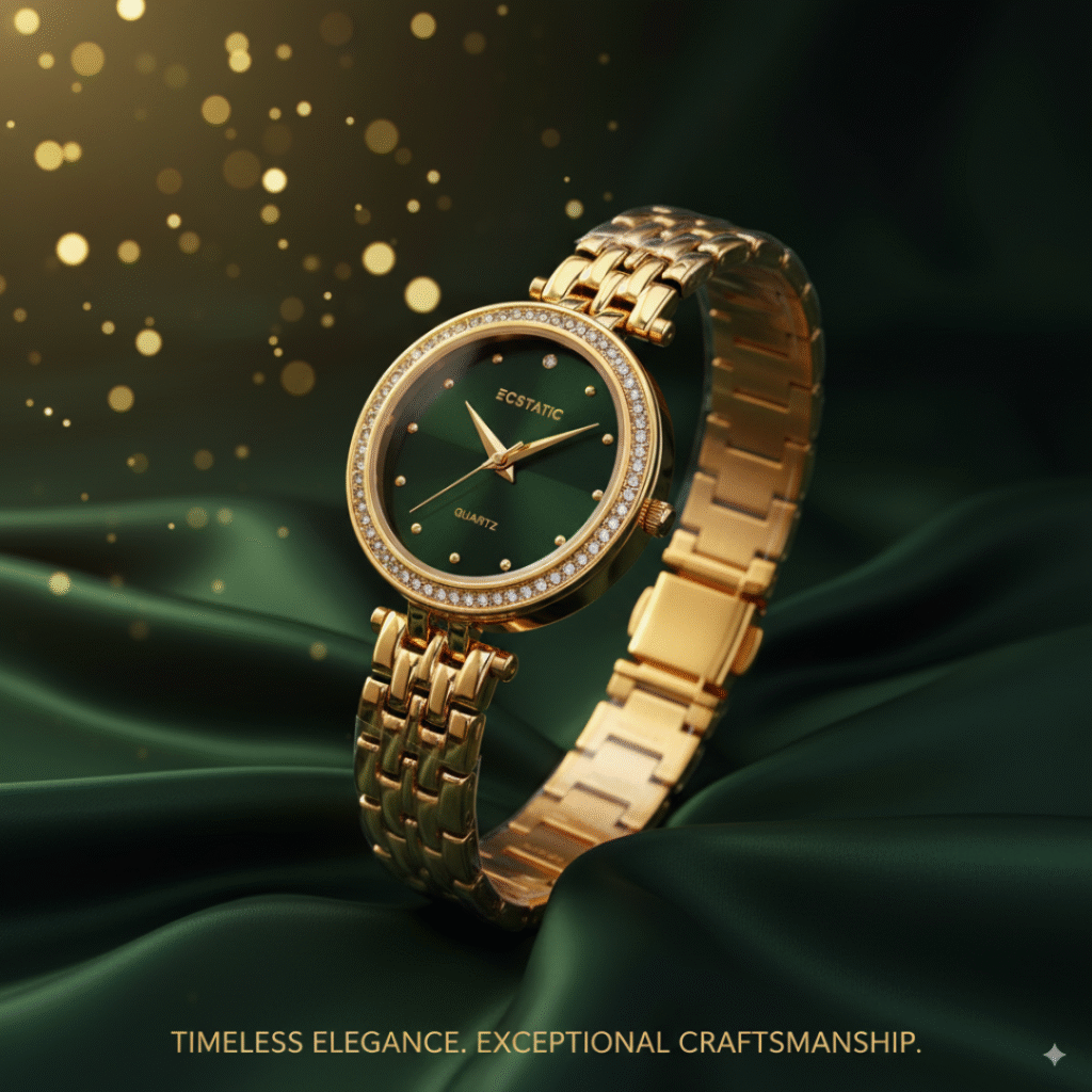 ECSTATIC Quartz Analog Round green Dial & Gold Metal Strap Watch For ...